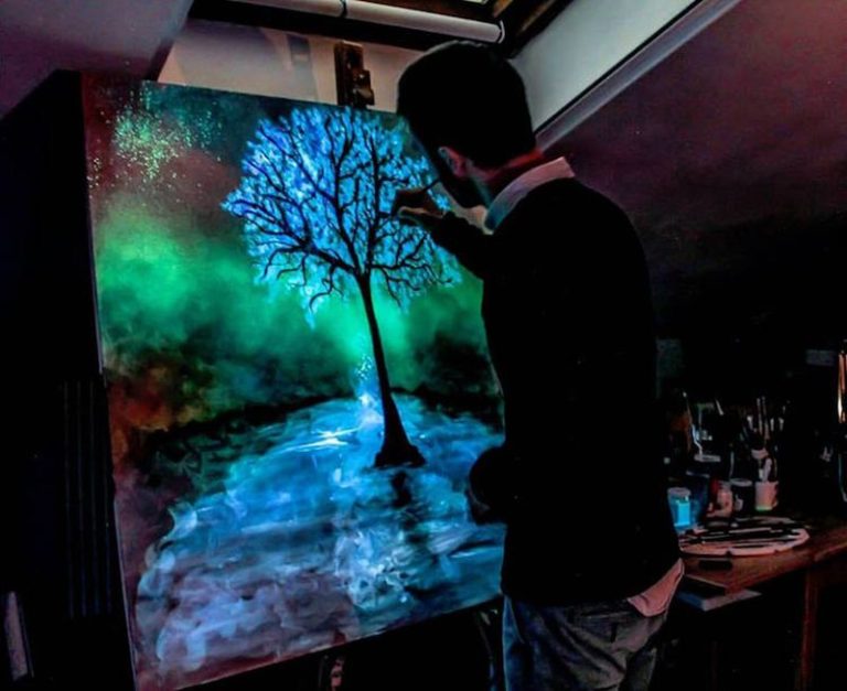 Italian artist’s mystical glow-in-the-dark paintings come to life at night